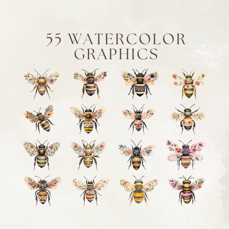 Floral Honey Bees Watercolor Clipart Pack, Spring Garden Botanical ...