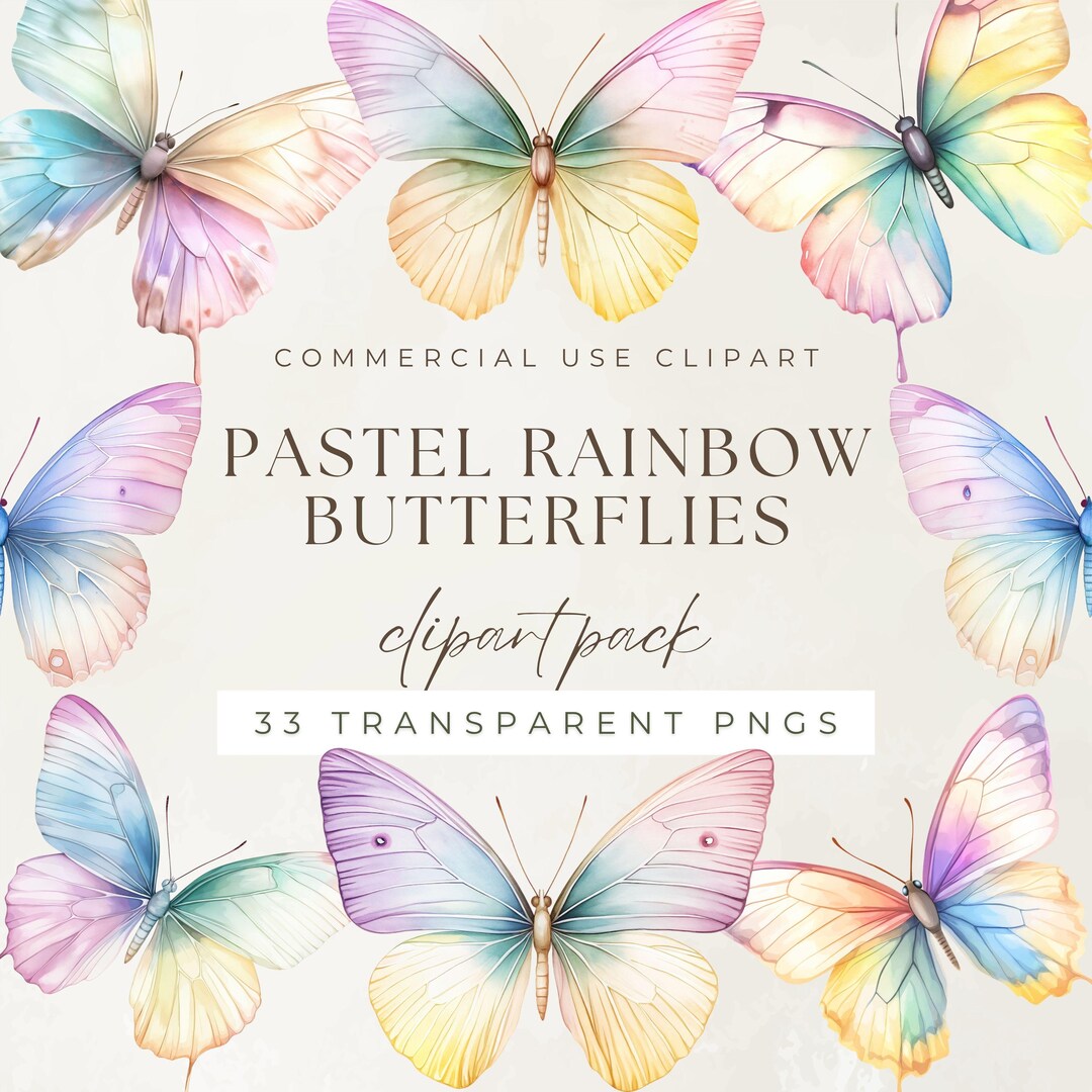 Pastel Rainbow Butterflies Watercolor Clipart Pack, Nature Spring ...