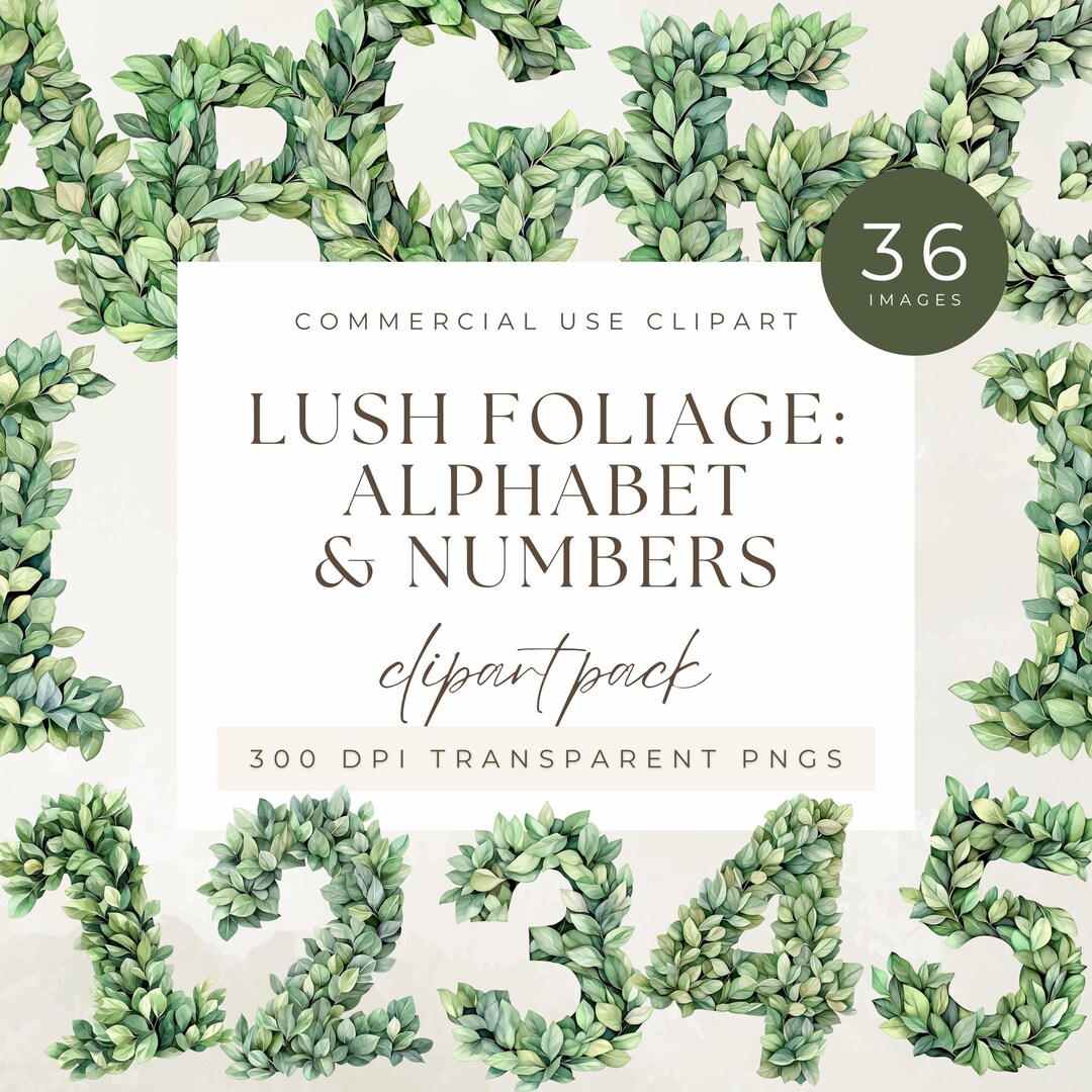 Lush Foliage: Alphabet & Numbers Watercolor Clipart Pack, Elegant ...