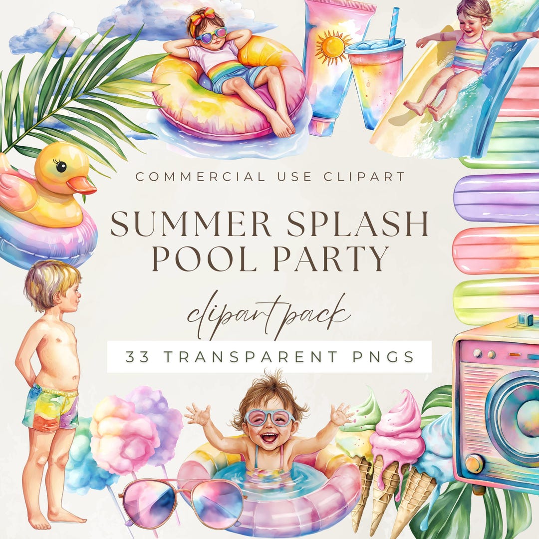 Summer Splash Pool Party Watercolor Clipart Pack, Rainbow Tropical ...