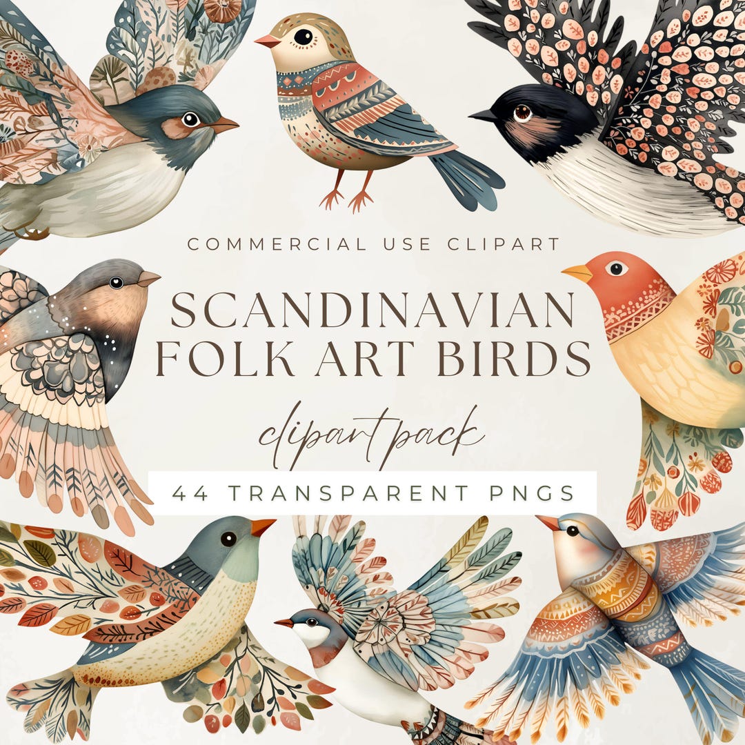 Scandinavian Folk Art Birds Watercolor Clipart Pack, Nordic Scandi ...