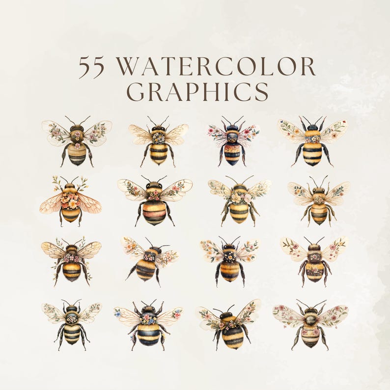 Floral Honey Bees Watercolor Clipart Pack, Spring Garden Botanical ...