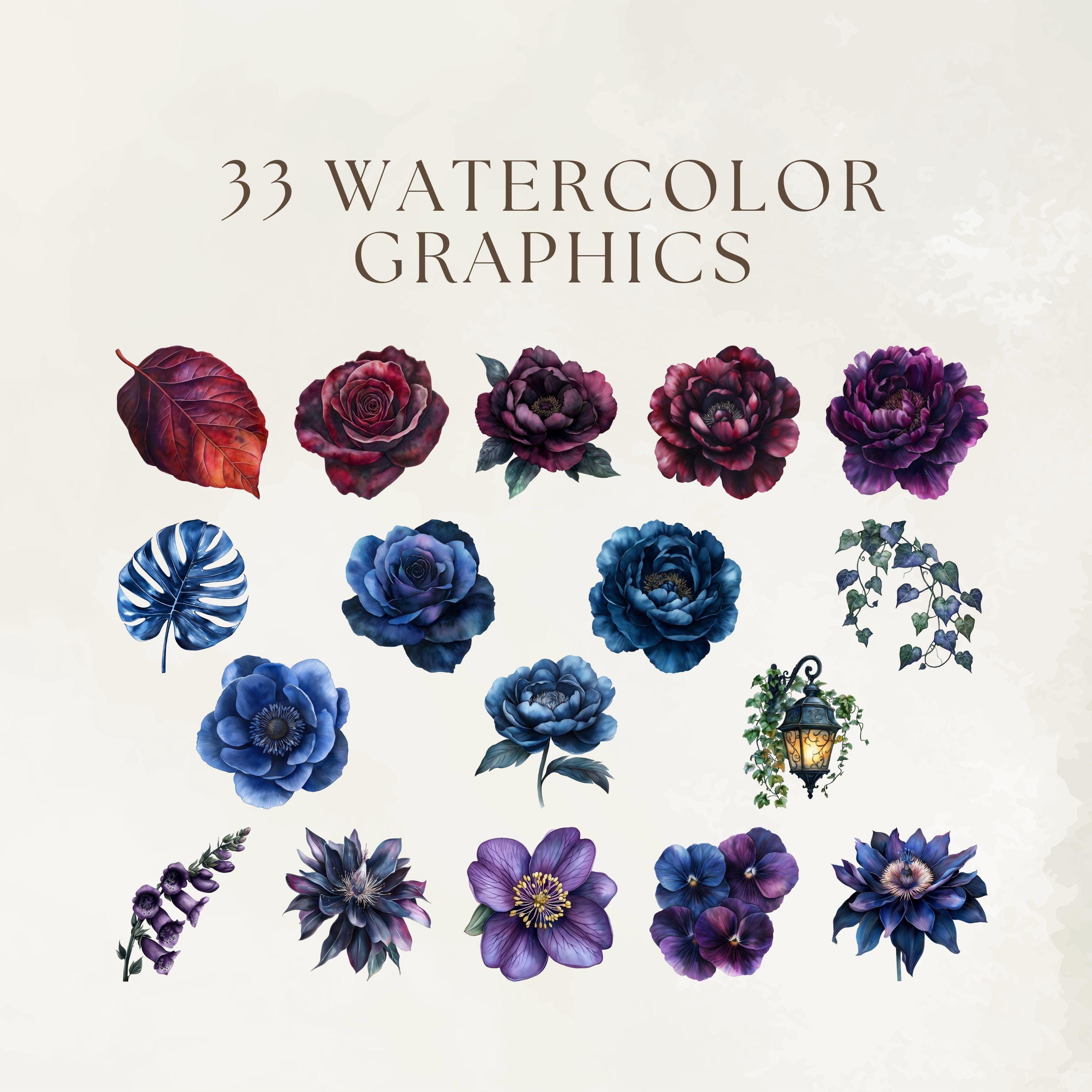 Midnight Botanica Watercolor Clipart Pack, Moody Dark Academia Gothic ...
