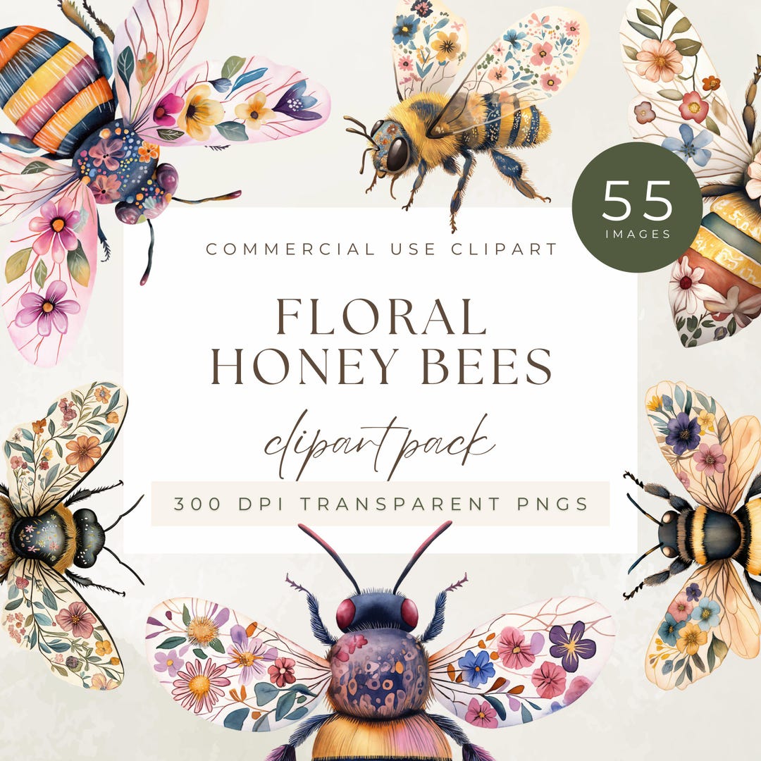 Floral Honey Bees Watercolor Clipart Pack, Spring Garden Botanical ...
