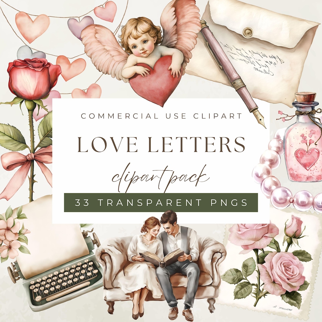 Love Letters Watercolor Clipart Pack, Romantic Ephemera, Hearts Couple ...