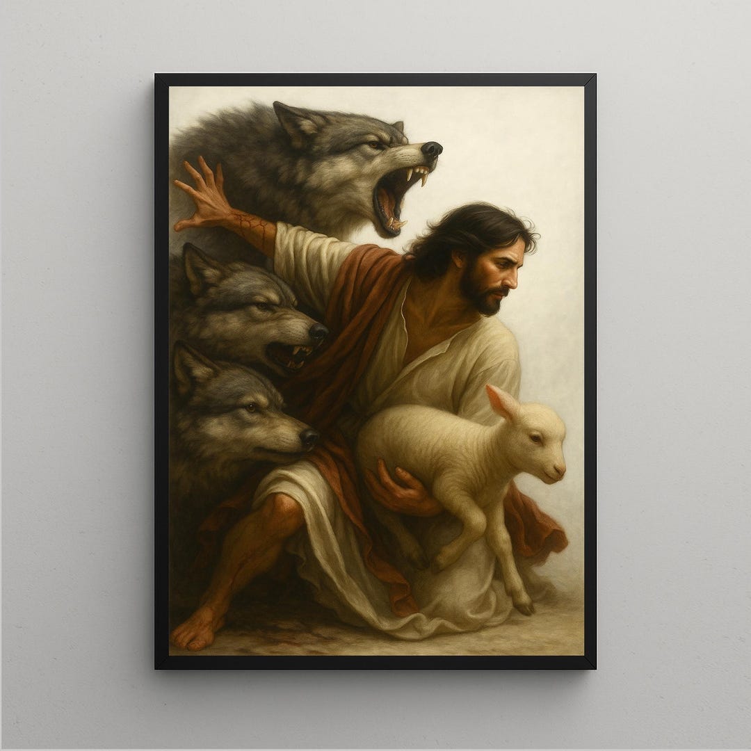 Jesus Protecting Lamb Poster No Frame, Saving Lamb From Wolves Wall Art ...