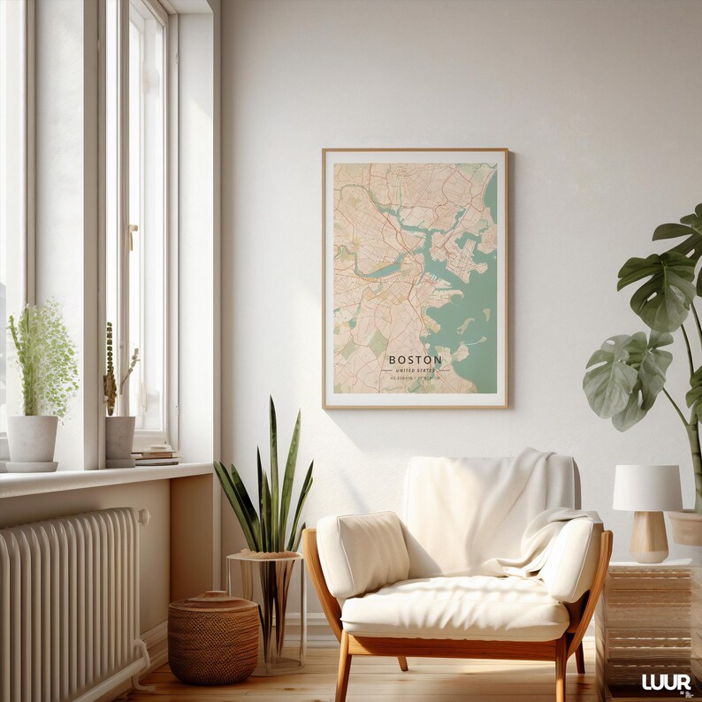 Boston Wall Art, Boston Wall Map Orange and Teal Poster, Boston ...