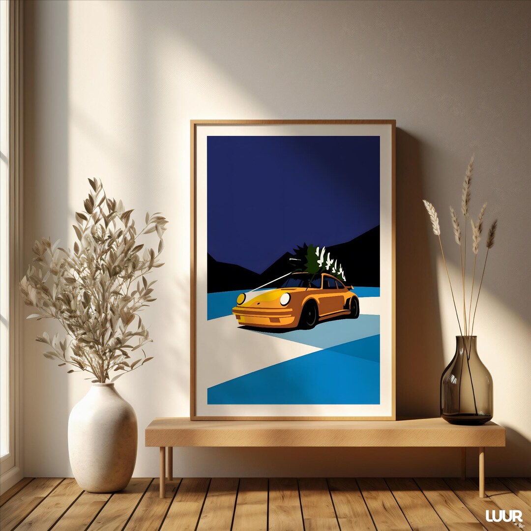 Porsche 911 Christmas Tree Poster, Retro Ice Yellow Car Wall Art ...