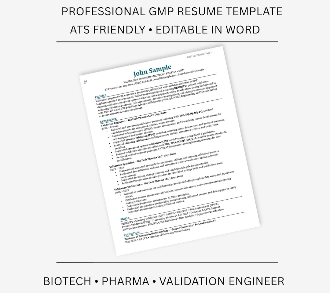 Biotech Validation Engineer Resume Template | Pharma, GMP | Ats ...