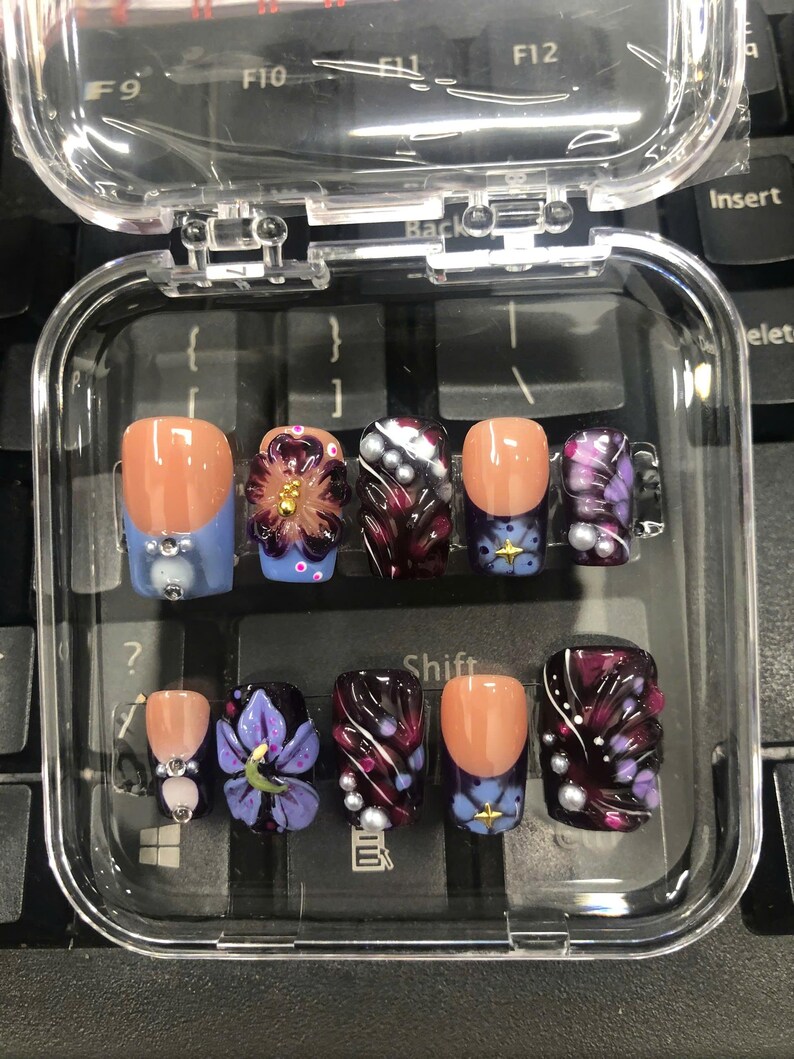 Fall Press on Nails With Deep Purple 3D Textured Flowers, Pearl & Star ...