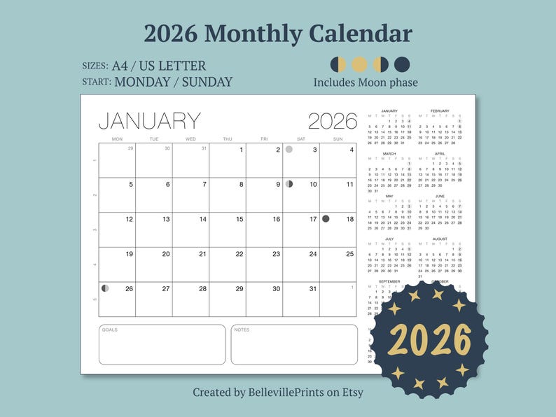 Printable Calendar 2026, Moon Phases, Monthly Planner, Notes ...