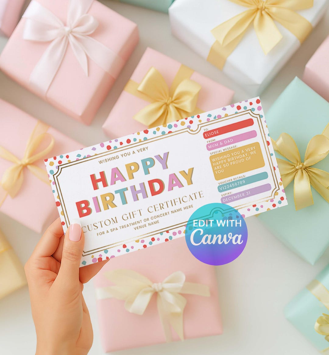 Happy Birthday Custom Gift Voucher Template, Printable Birthday Gift ...