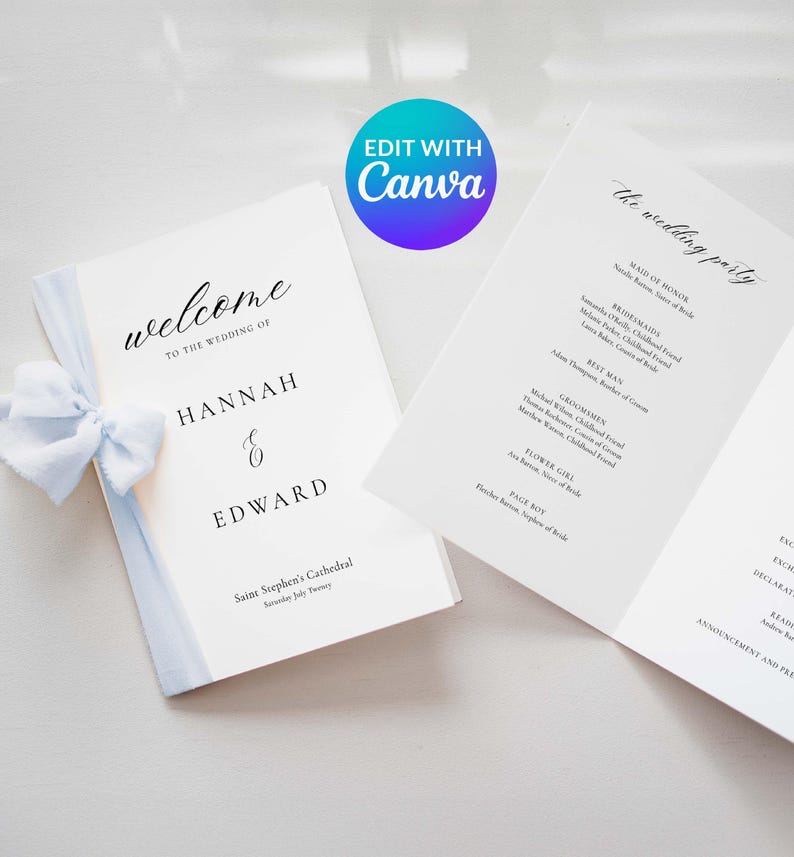 Printable Wedding Program Template: DIY Order of Service (canva Edit, A4/letter Size Digital ...