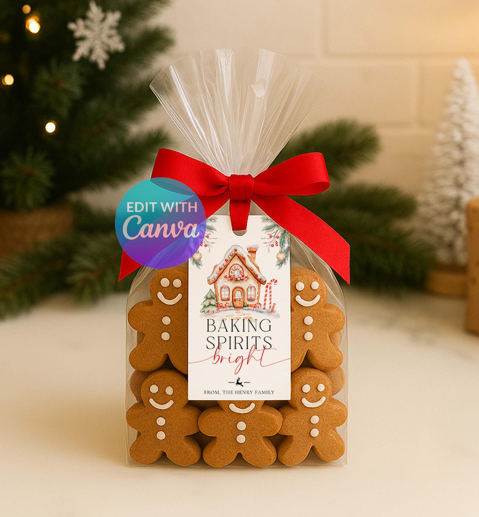 Printable Baking Spirits Bright Gift Tag, Gingerbread House Gift Label ...