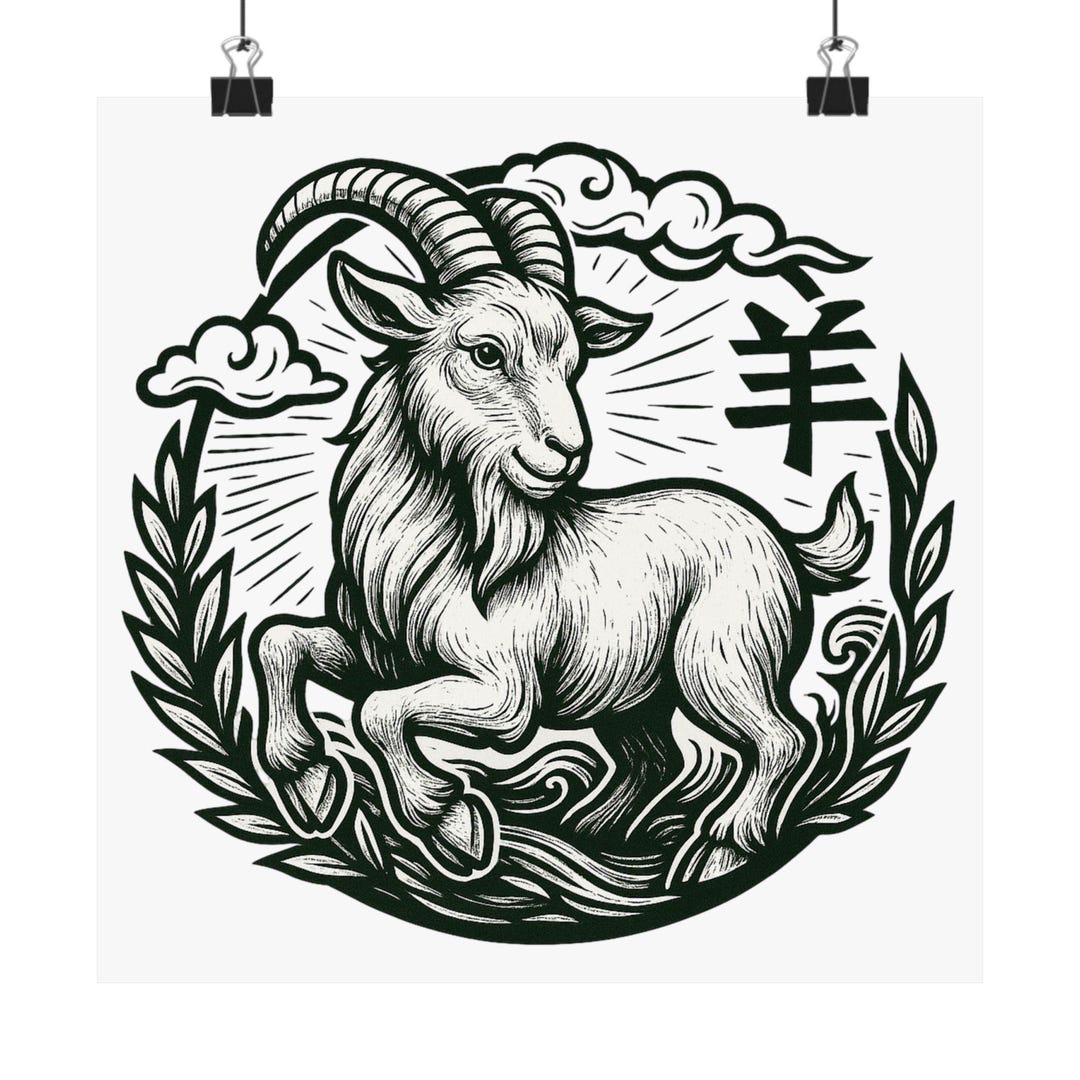 Chinese Zodiac Goat Poster Black and White Astrology Wall Art Sheep Ram ...