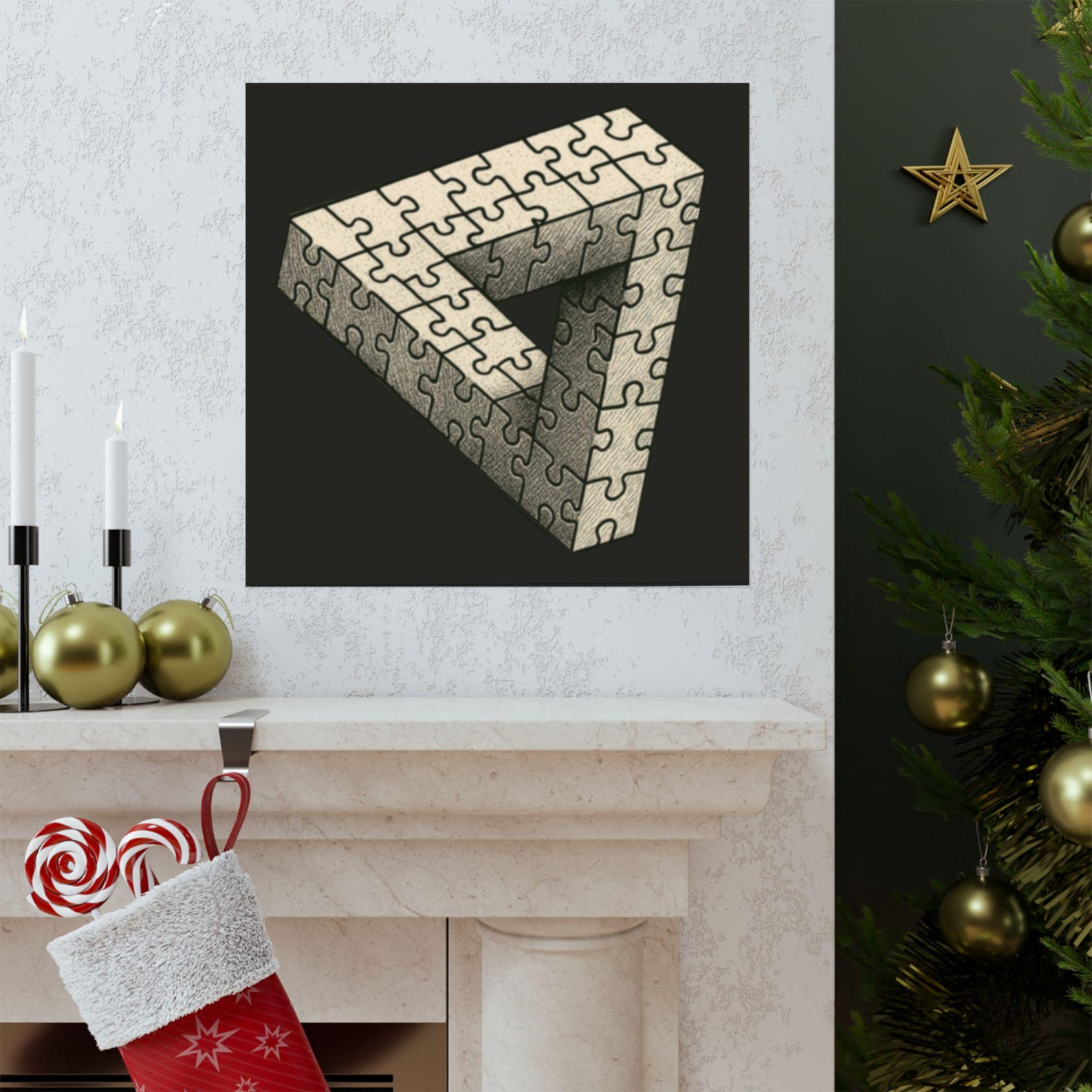 Penrose Triangle Puzzle Poster Impossible Geometry Wall Art Optical ...