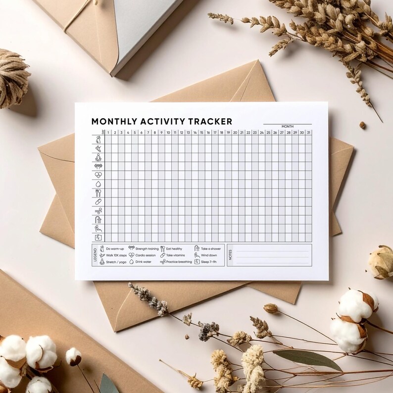 Printable Fitness Habit Tracker: Monthly Wellness Log With Icons (PDF ...