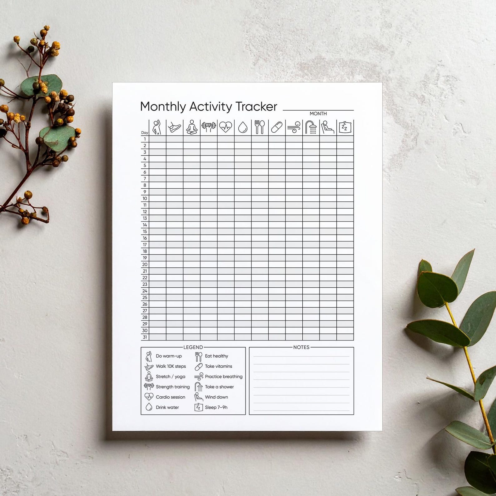 Printable Monthly Fitness Tracker: Wellness Log With Icons (PDF ...