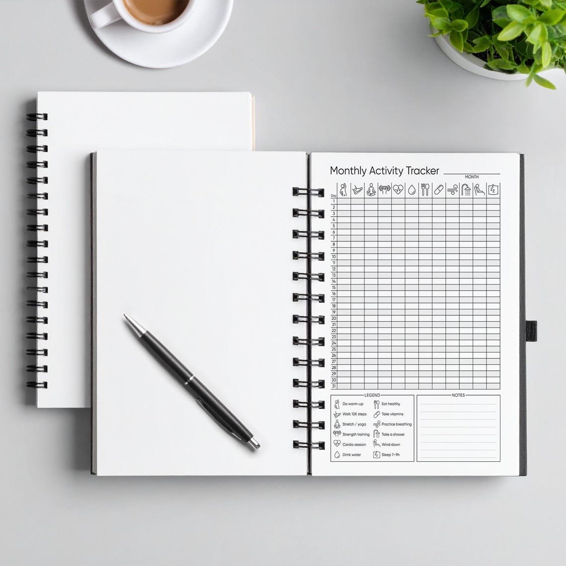 Printable Monthly Fitness Tracker: Wellness Log With Icons (PDF ...
