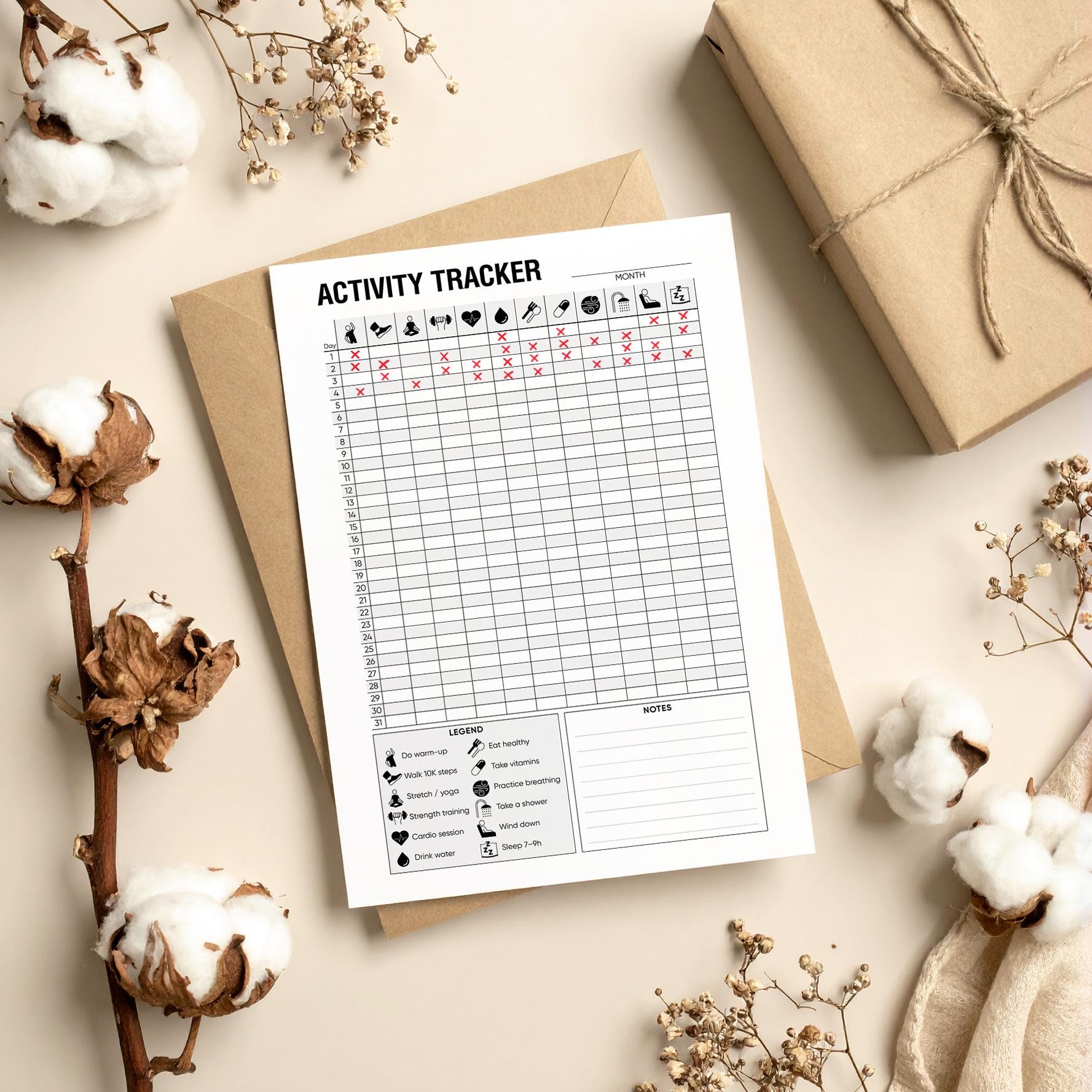 Printable Fitness Habit Tracker: Monthly Wellness Log With Icons (PDF ...