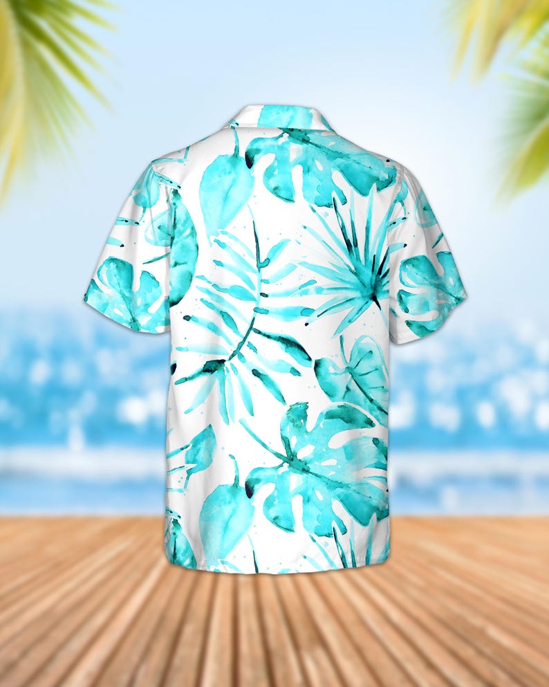 Watercolor Tropical Leaves Hawaiian Shirt – Turquoise Monstera Leaf ...