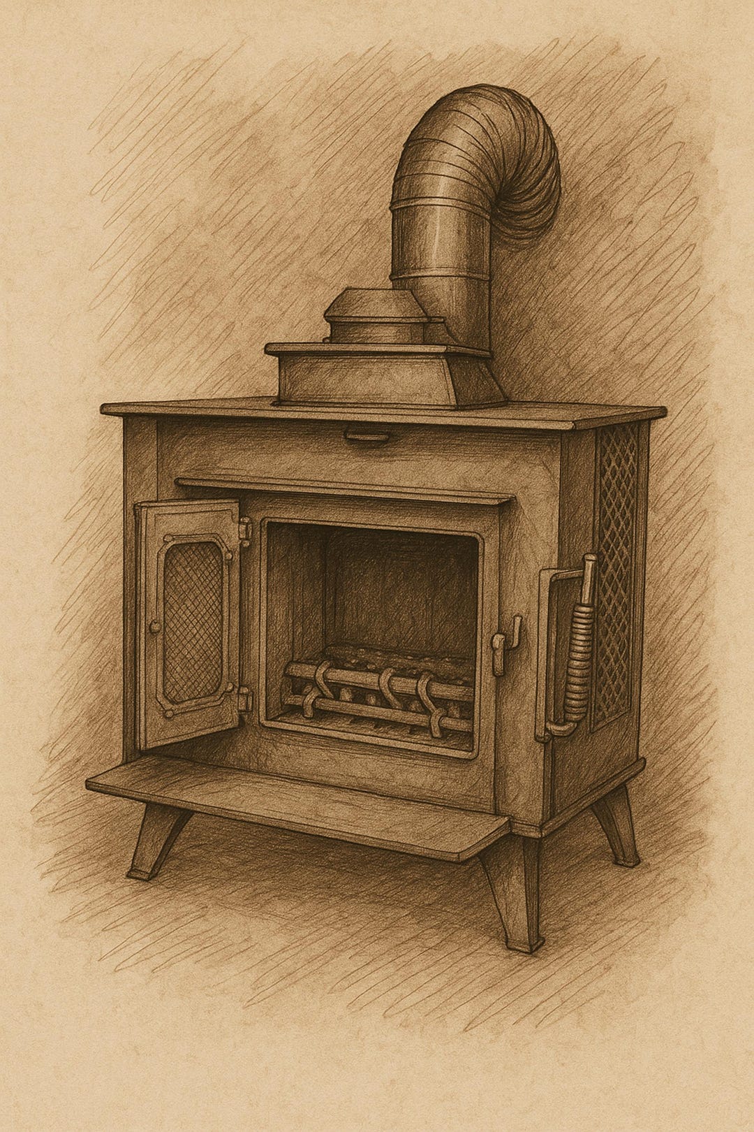 Rustic Wood Stove Art Print – Sepia Pen and Ink Drawing, Vintage Cabin ...