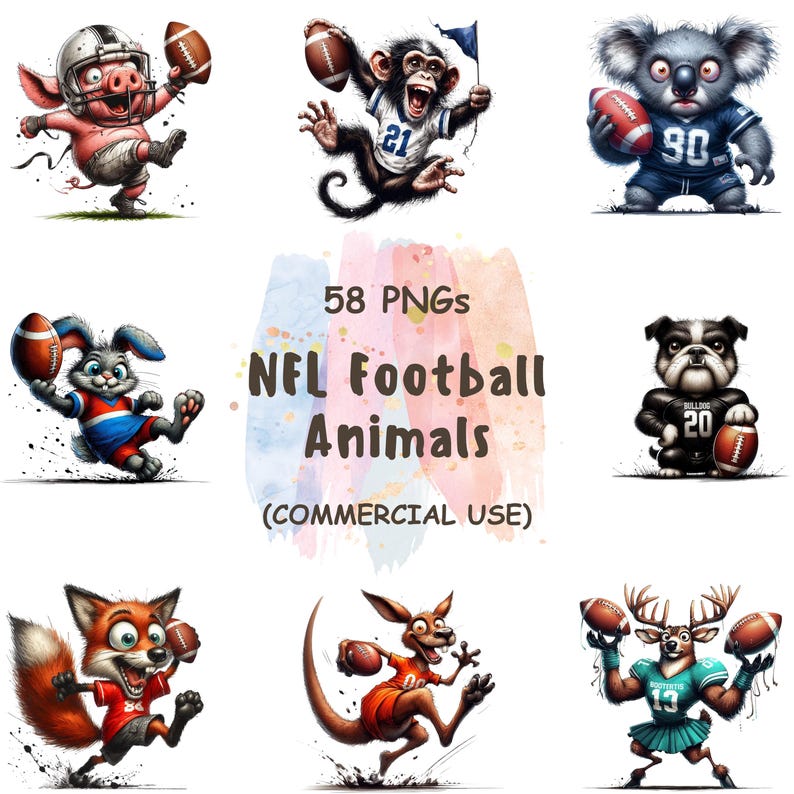 Football Animals Clipart Bundle: Watercolor Mascots, Game Day PNG ...