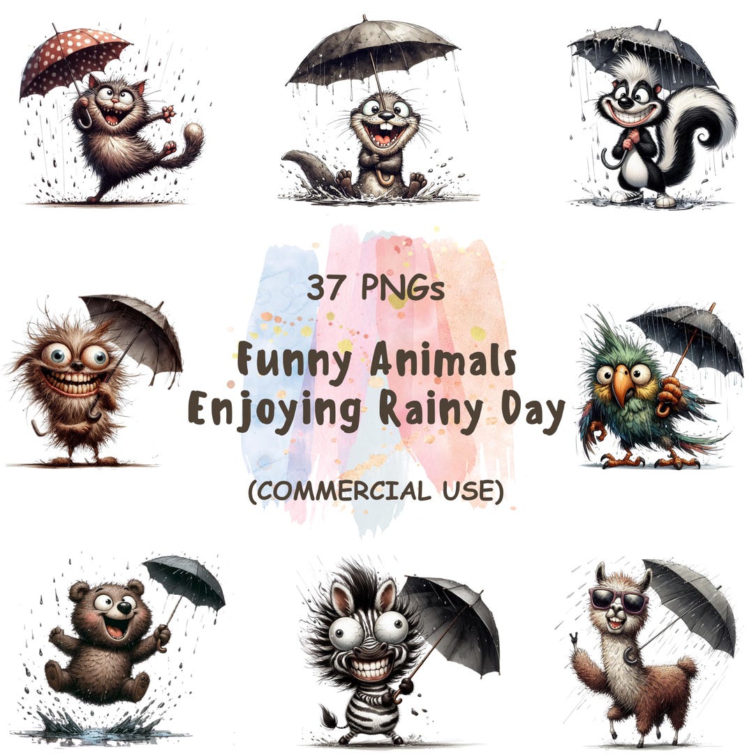 37 Funny Rainy Day Animals PNG Clipart Bundle, Cute & Quirky Watercolor ...