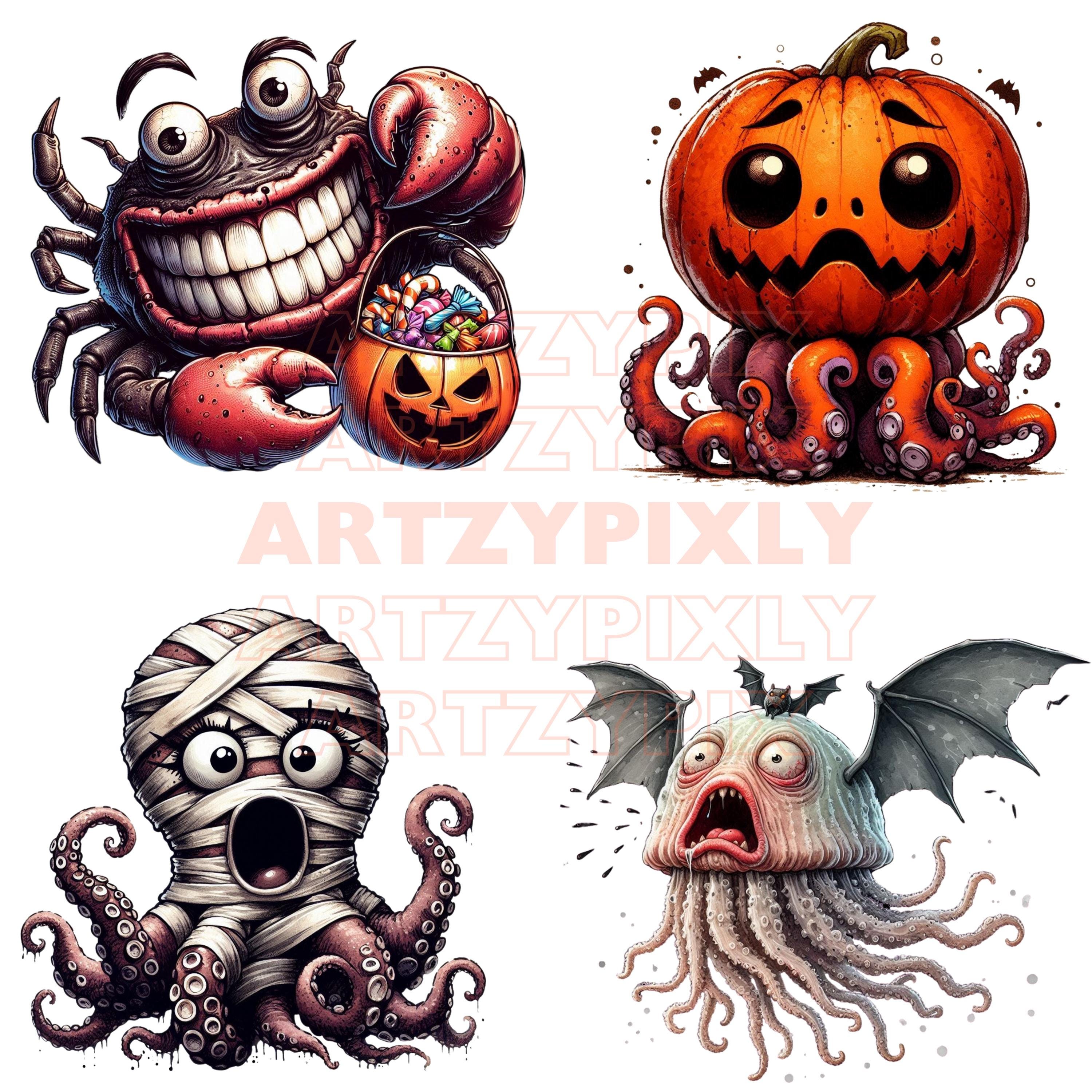 Halloween Sea Creature Clipart: Spooky Ocean Animals PNG (digital ...