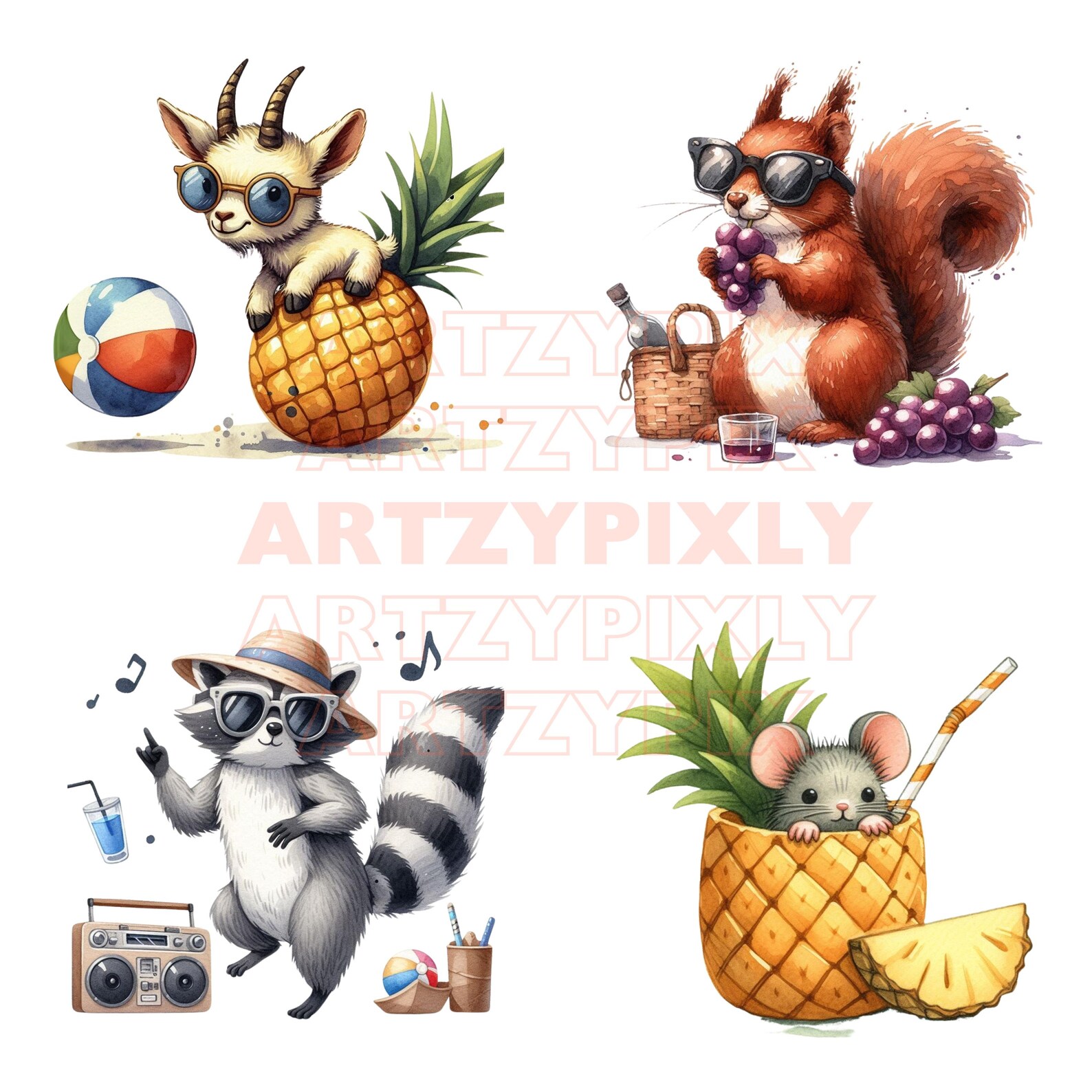 Summer Animal Clipart Bundle: Beach Vacation Watercolor PNG (digital ...