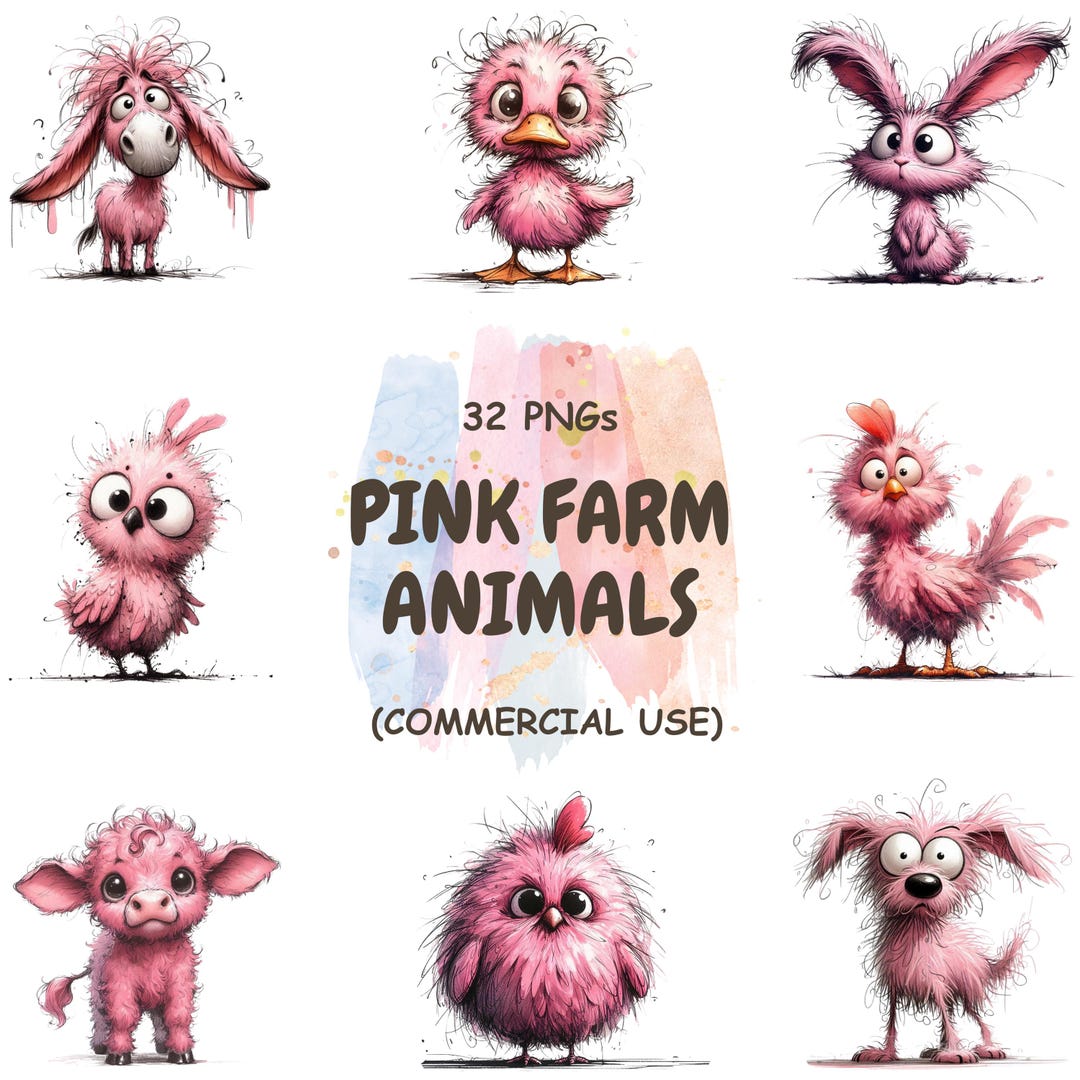 32 Pink Farm Animals Clipart Bundle - Cute Farm Animal PNG - Pastel ...