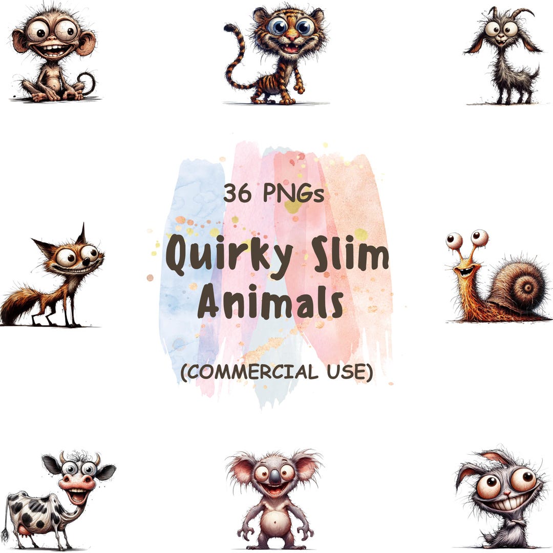 Funny Slim Animals Clipart Bundle: Watercolor Cartoon PNG (digital ...