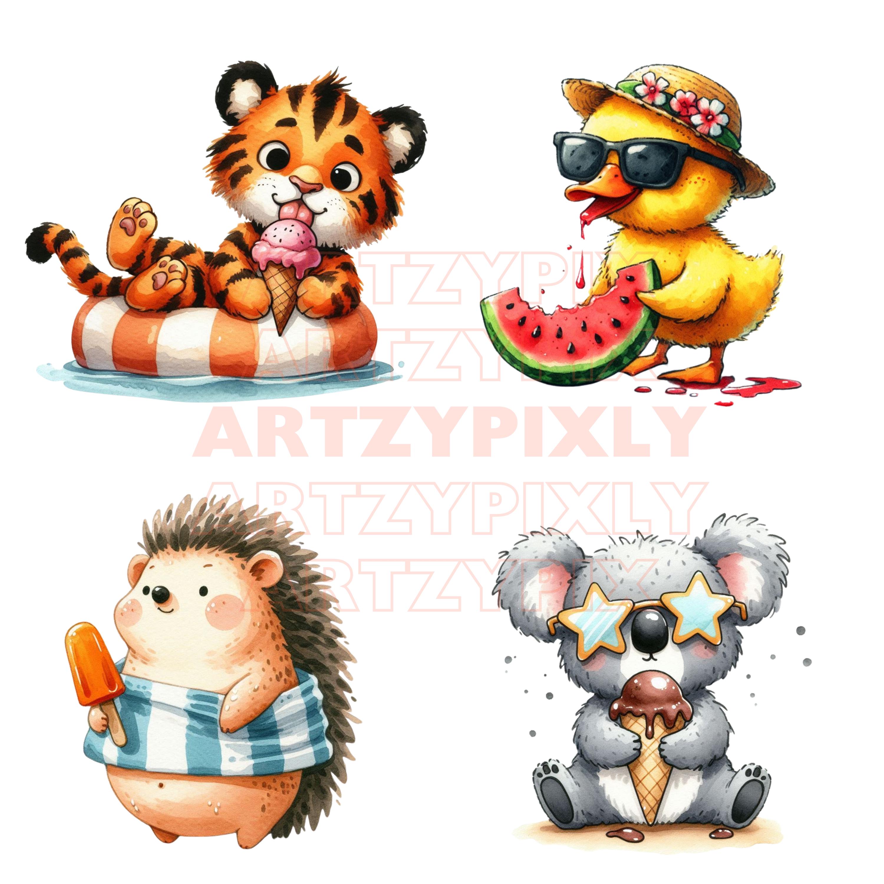 Summer Animal Clipart Bundle: Beach Vacation Watercolor PNG (digital ...