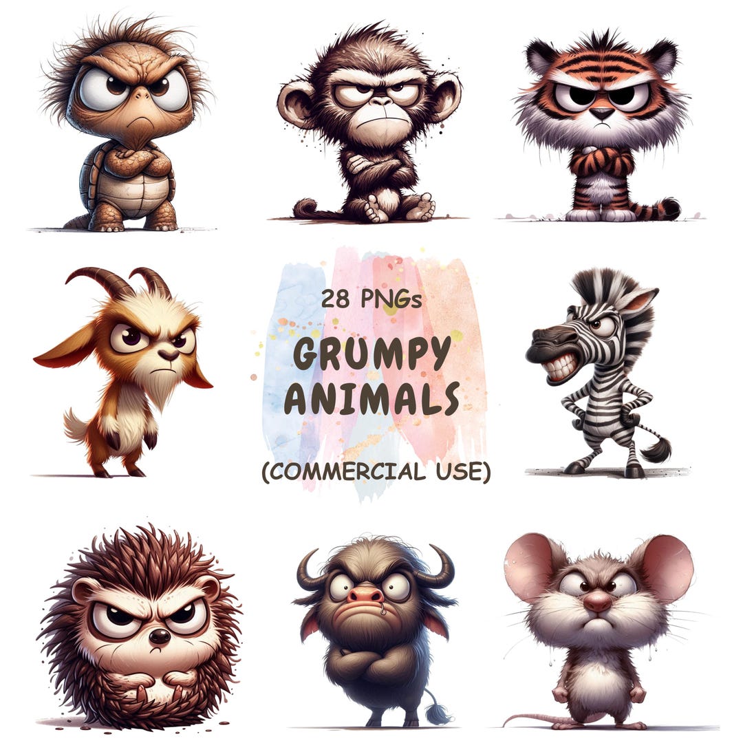 28 Grumpy Animals Clipart, Funny Angry Animal PNG Bundle, Moody Nursery ...