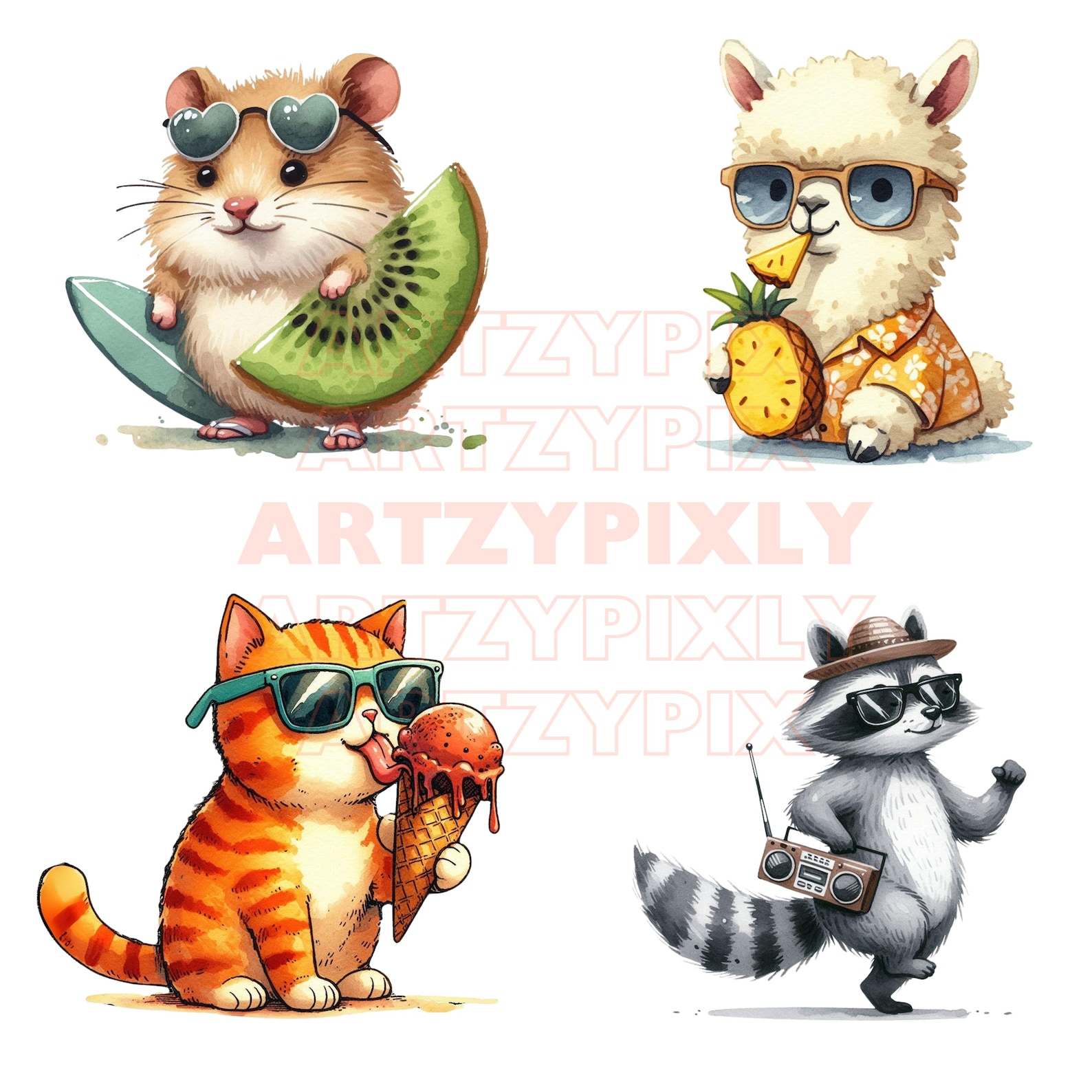 Summer Animal Clipart Bundle: Beach Vacation Watercolor PNG (digital ...