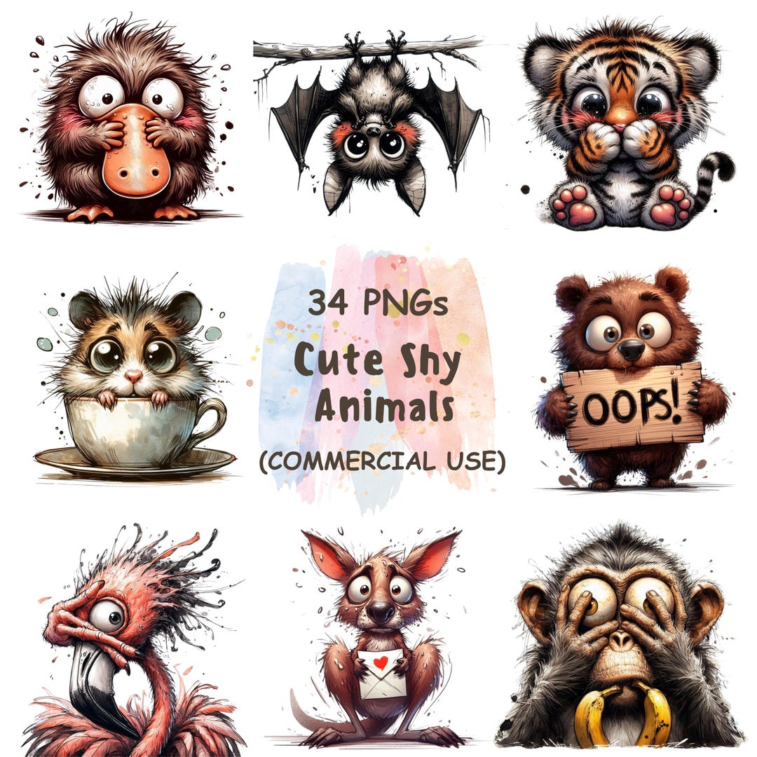 Shy Animals Clipart – 34 Pngs – Cute Blushing Safari Animal Faces ...