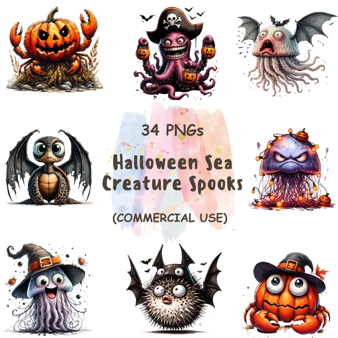Halloween Sea Creature Clipart: Spooky Ocean Animals PNG (digital ...