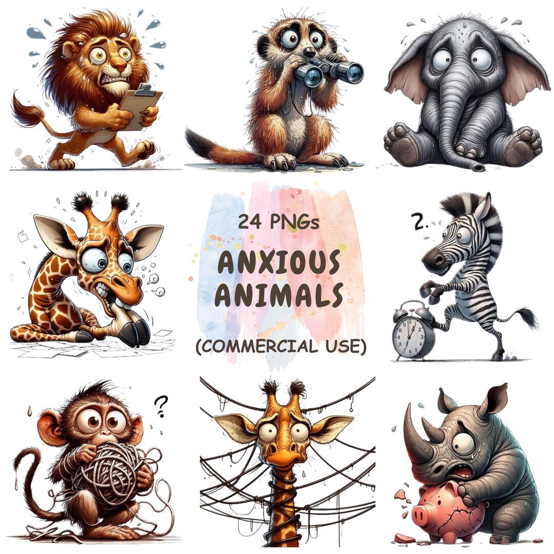 24 Anxious Animals Clipart, Watercolor Stress PNG, Funny Mental Health ...