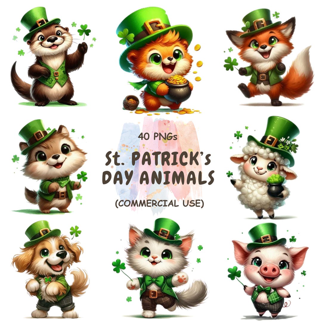 St Patrick's Day Animals Clipart, Lucky Green PNG Bundle (commercial ...