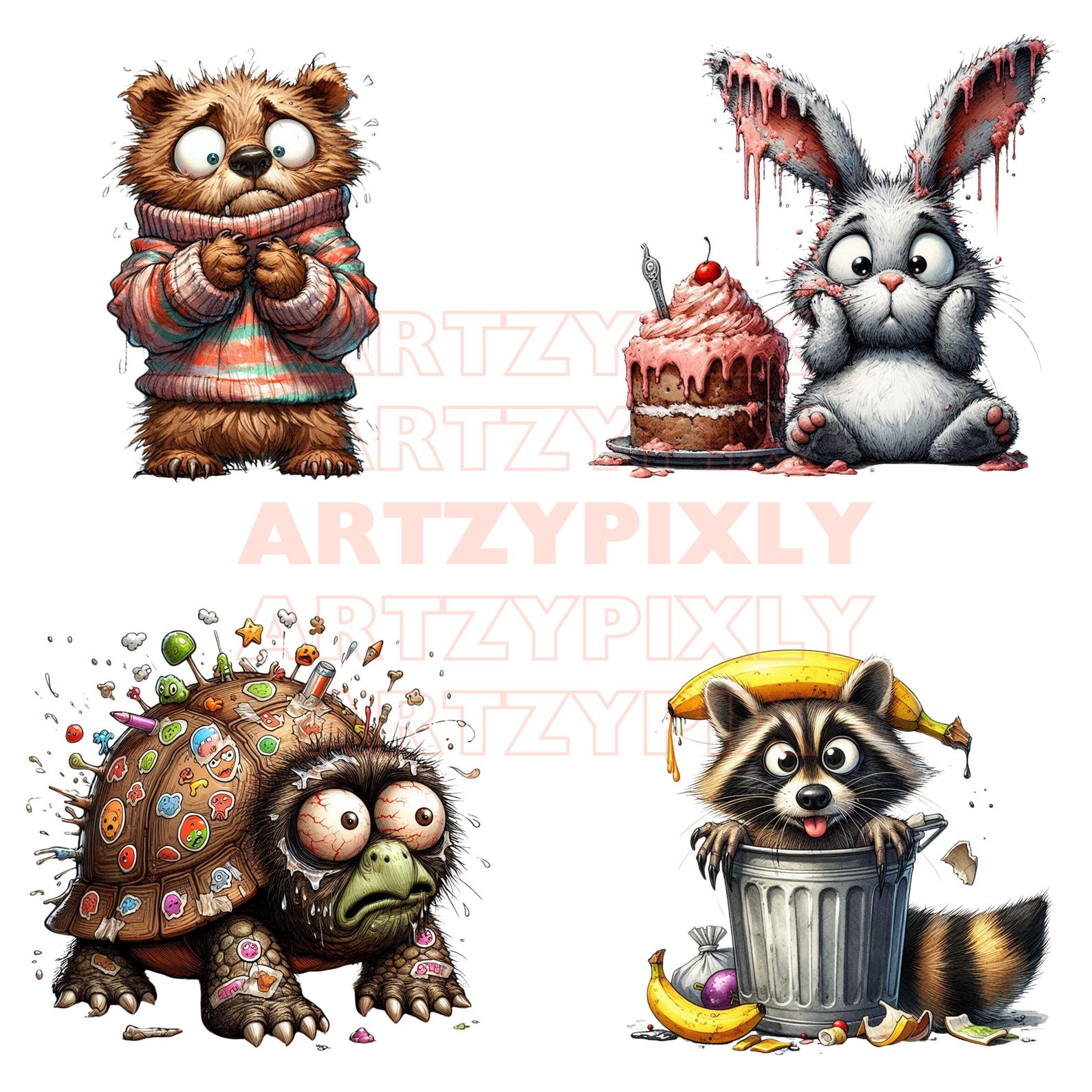 Embarrassed Animals Clipart: Funny Watercolor Cartoon PNG (digital ...