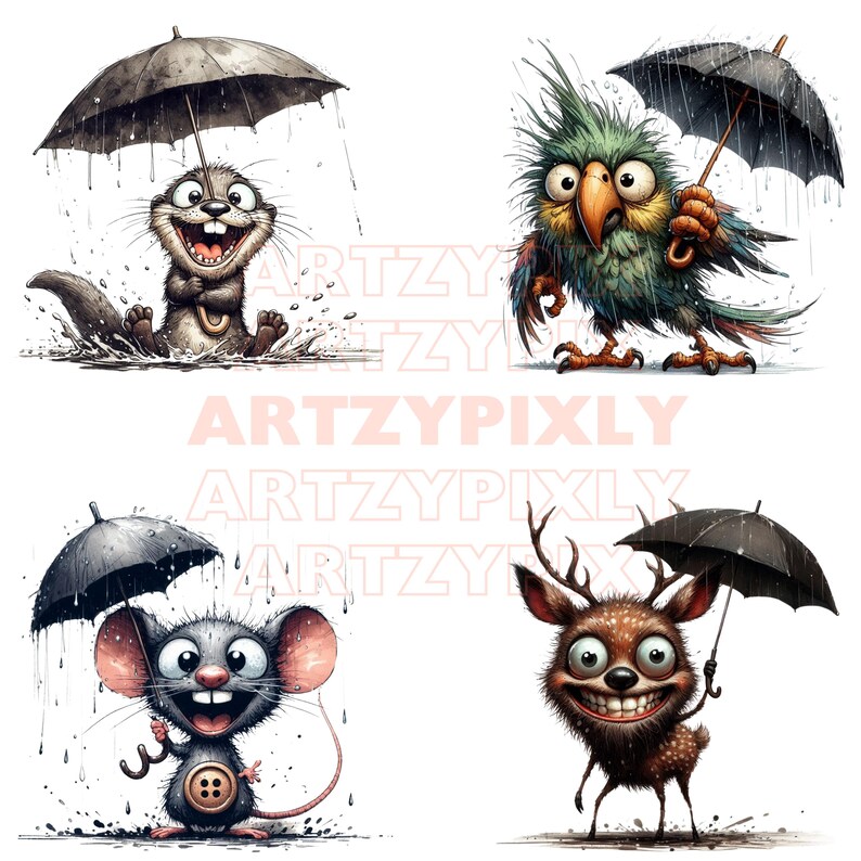 Funny Rainy Day Animals Clipart: Watercolor PNG Bundle (commercial Use ...