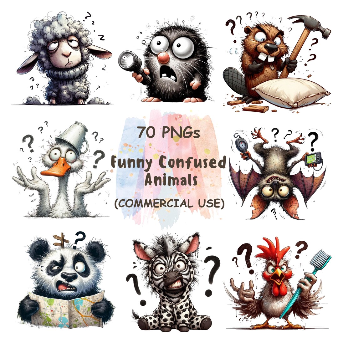 Funny Confused Animals Clipart Bundle – 70 Pngs - Cute Watercolor ...