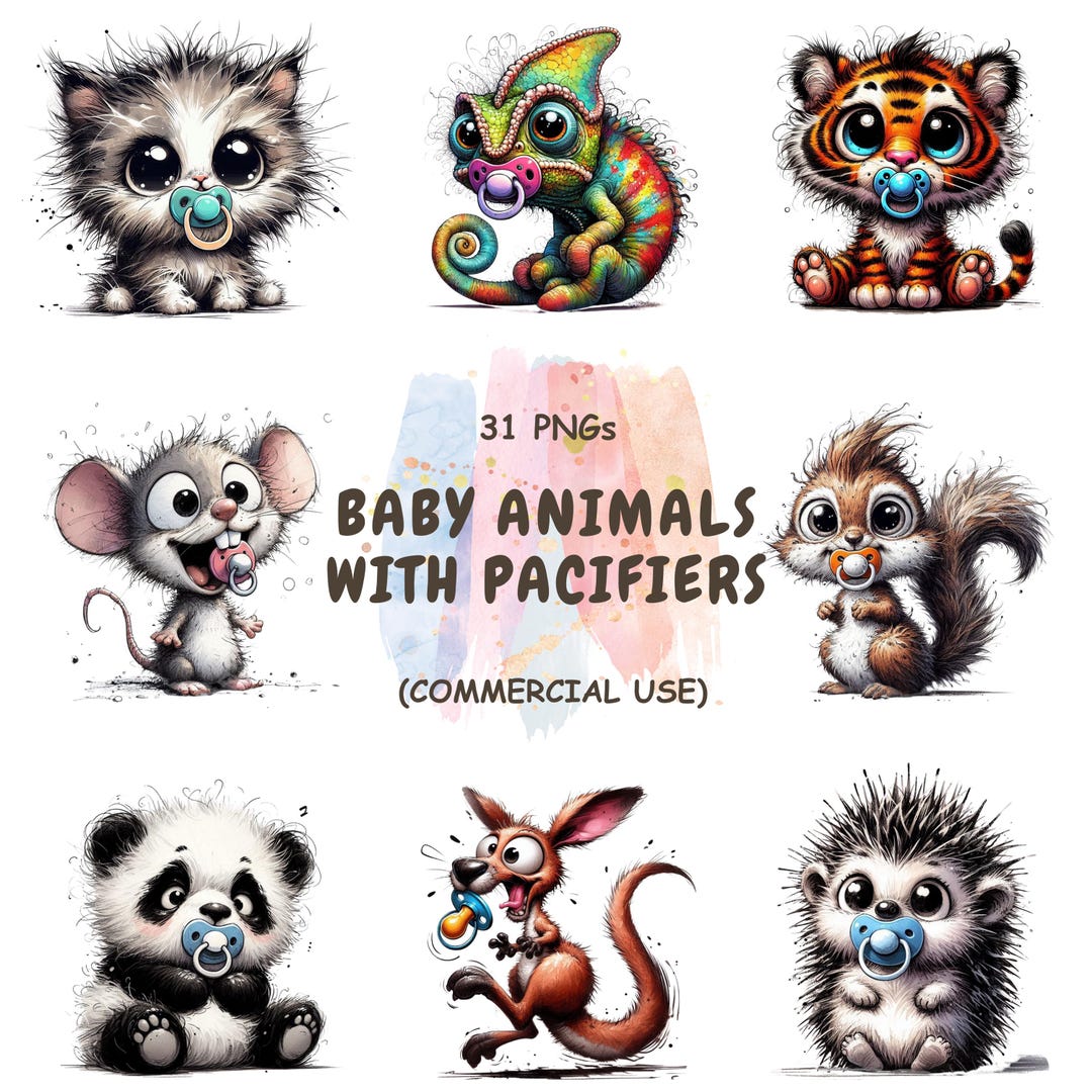 31 Baby Animals With Pacifiers Clipart Bundle, Cute Baby Animal PNG ...