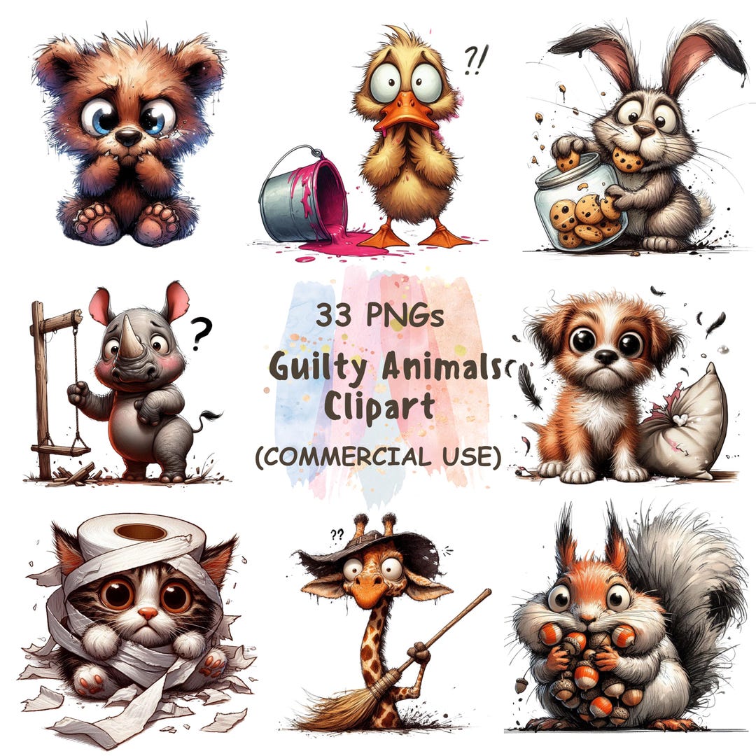 Guilty Animals Clipart: Watercolor Cartoon Faces (digital Download ...
