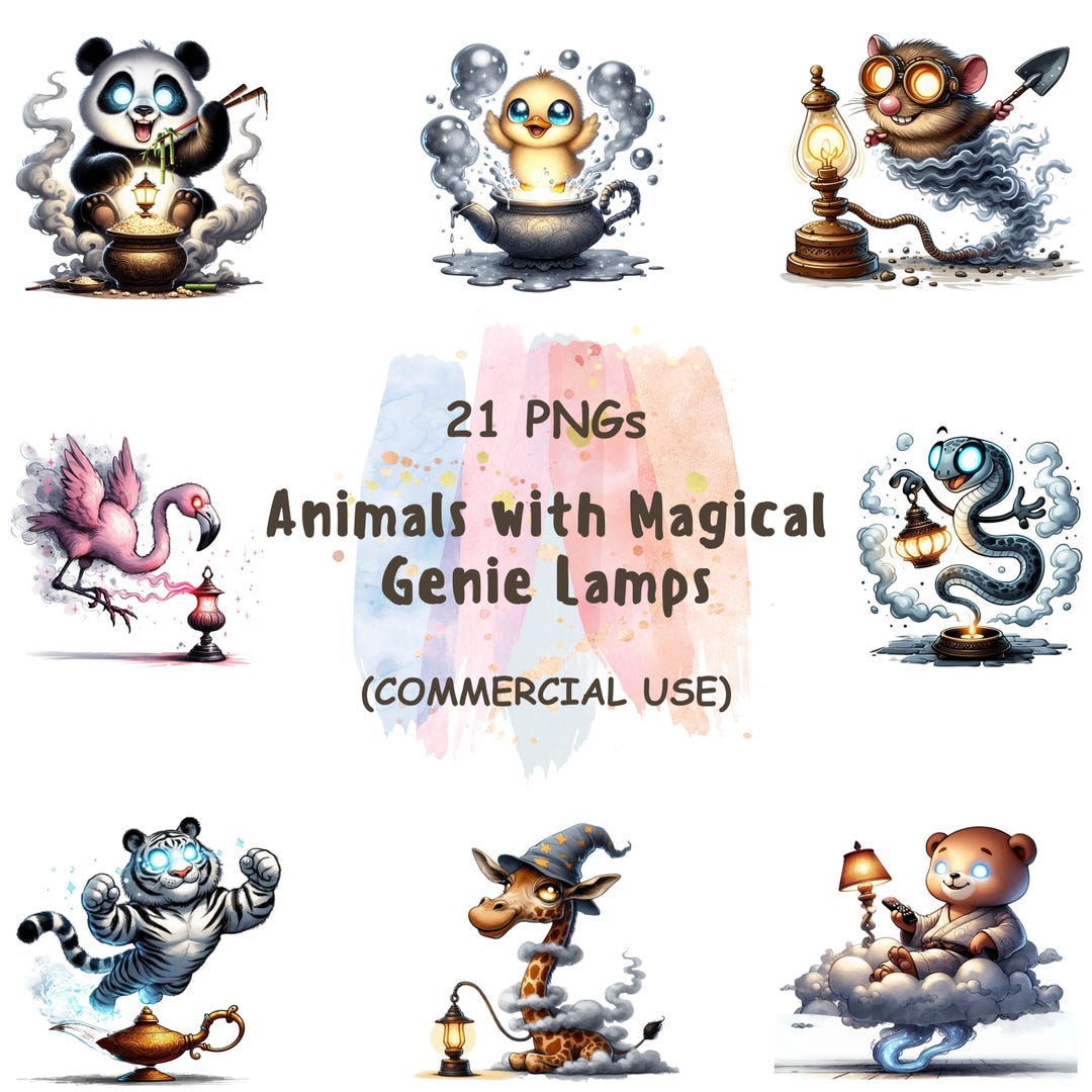 Magical Animals With Genie Lamps Clipart Bundle: Watercolor Pngs ...