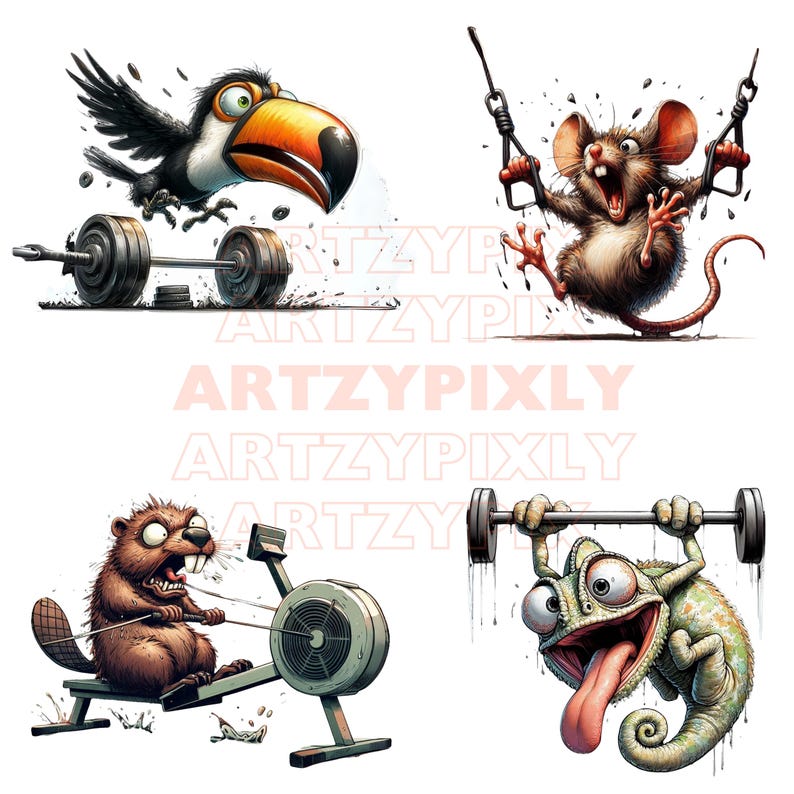 Funny Gym Animals Clipart Bundle: Watercolor Workout Pngs (digital ...