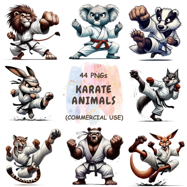 44 Karate Animals Clipart - Watercolor Martial Arts PNG Bundle - Judo ...