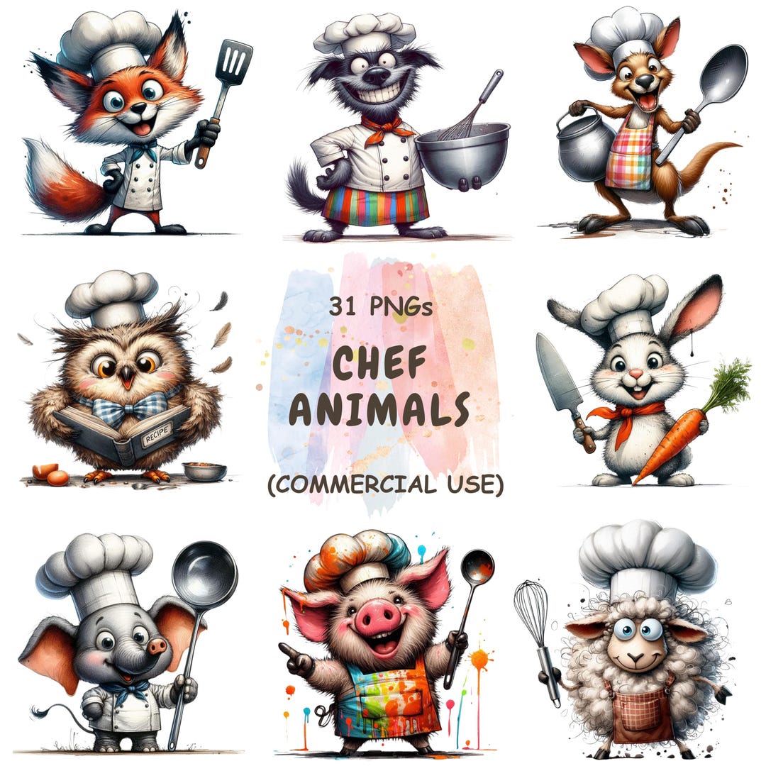 Chef Animals Clipart Bundle, Cooking PNG Graphics (digital Download ...