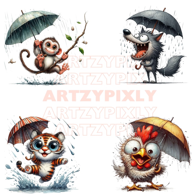 Funny Rainy Day Animals Clipart: Watercolor PNG Bundle (commercial Use ...