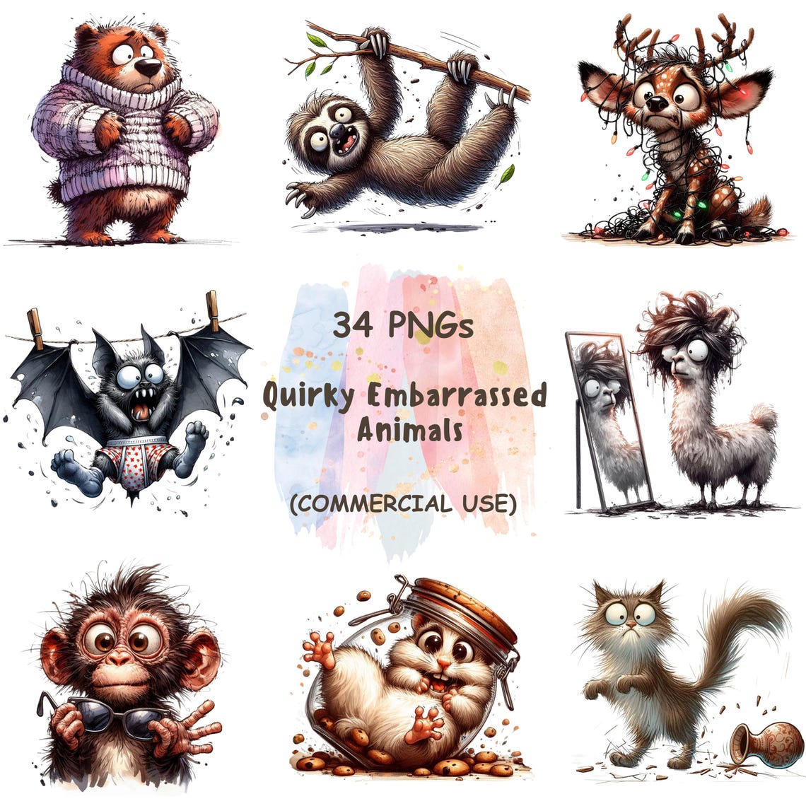 Embarrassed Animals Clipart: Funny Watercolor Cartoon PNG (digital ...